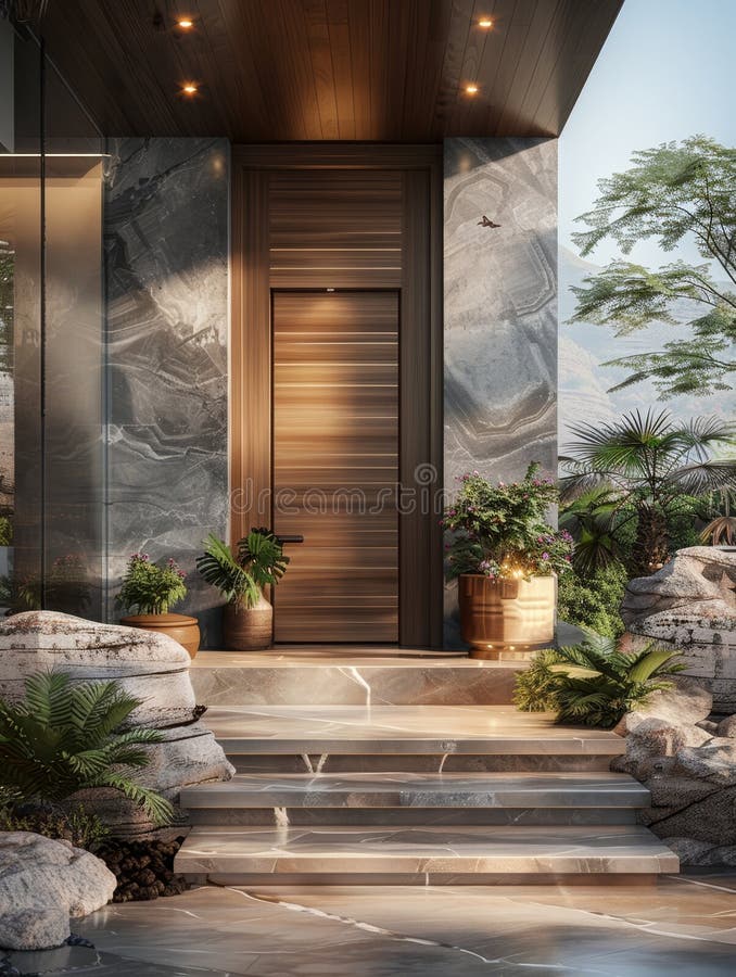 Modern-style House Featuring a Wooden Door and Stone Pathways. AI ...