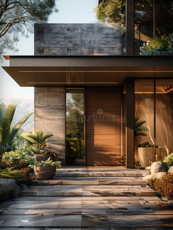 Modern-style House Featuring a Wooden Door and Stone Pathways. AI ...