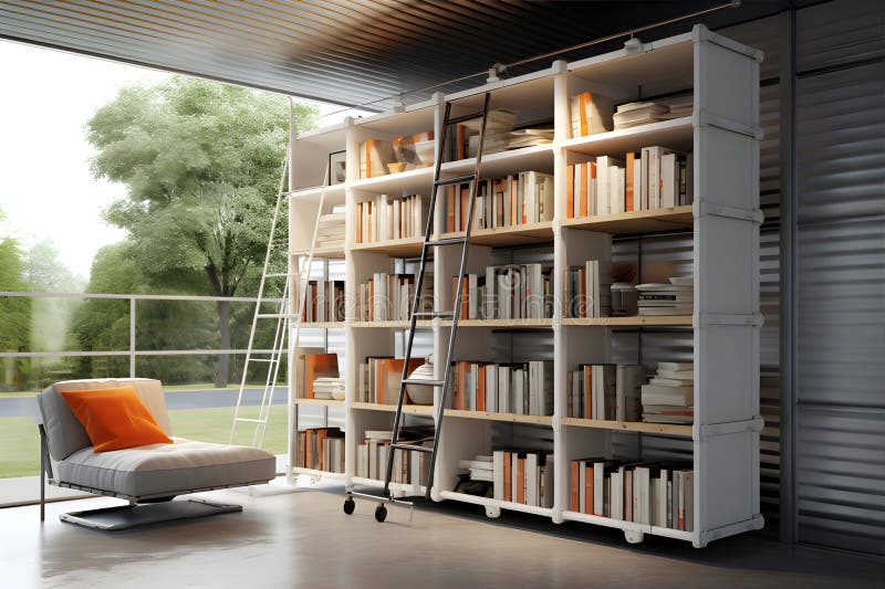 Modern Style Integrate a Rolling Library Ladder for Easy Access. AI ...