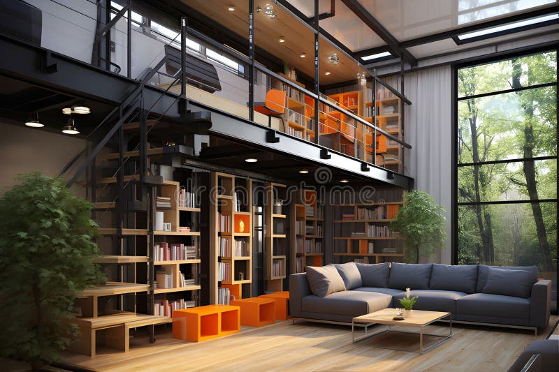 Modern Style Integrate a Rolling Library Ladder for Easy Access. AI ...