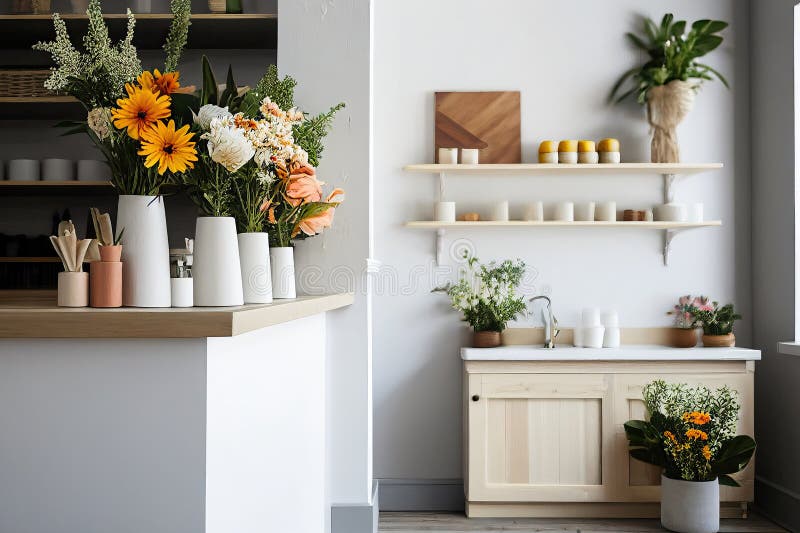 Modern Style Interior with Flower Bouquets. Living Room with Flower ...