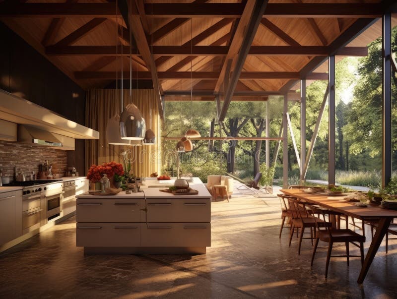 Modern Style Kitchen with High Ceiling and Large Window. Generative AI ...