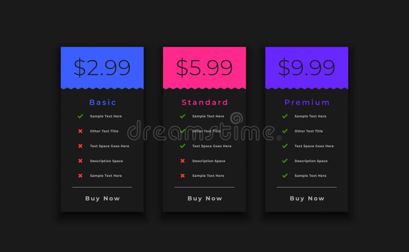 Modern Style Pricing Chart Table Layout with Three Subscription Plan ...