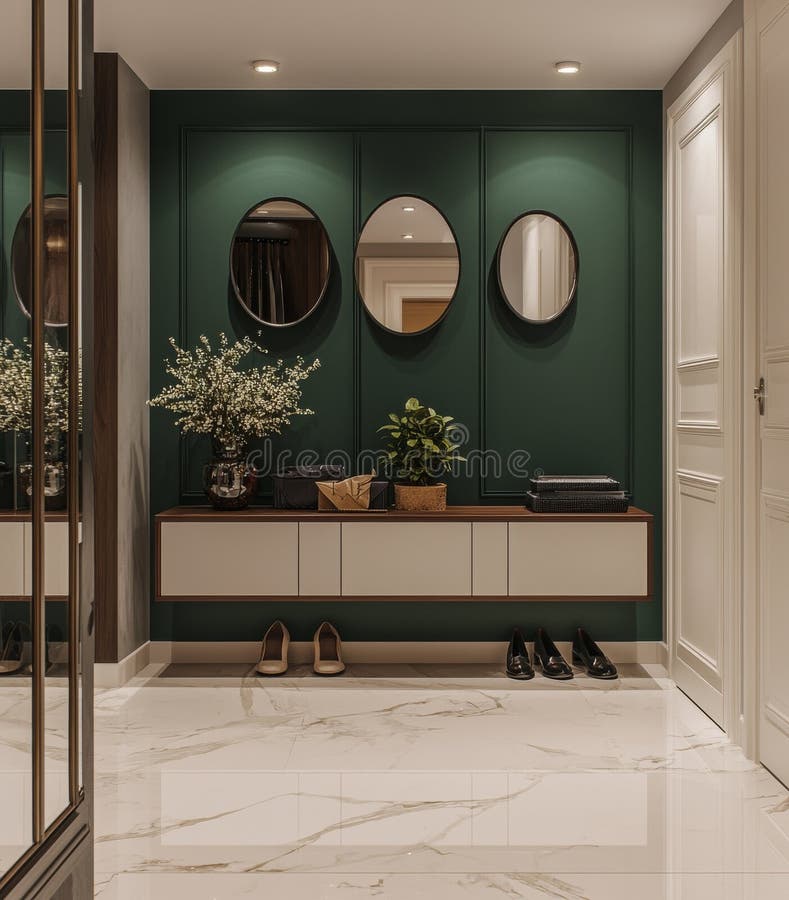 Modern Style Shoe Storage in the Hallway with Elegant Decor and Marble ...