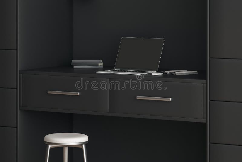 Modern Style Workspace with Black Furniture and Laptop with Blank ...