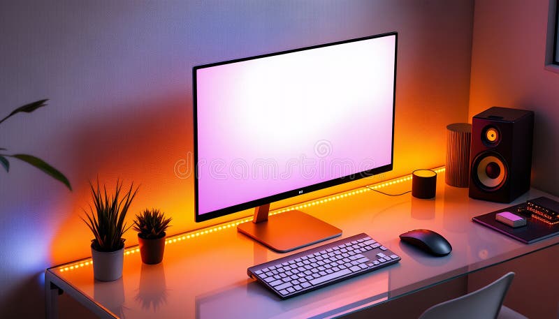 Aesthetic Computer Setup with Ambient Lighting Stock Illustration ...