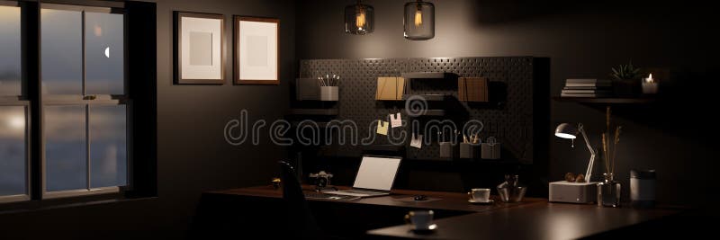 Modern Stylish Dark Office Workspace at Night with Laptop Mockup on ...
