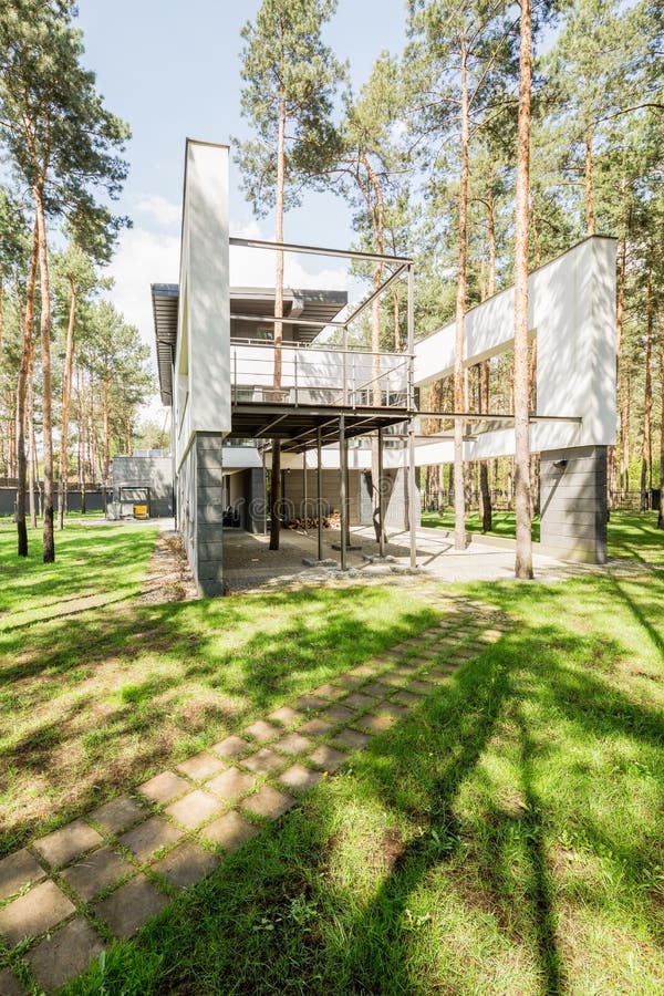 Modern Stylish House in the Forest Stock Image - Image of balcony ...