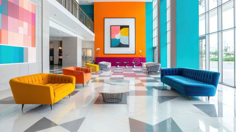 Modern Lobby Interior with Colorful Furniture and Art Stock ...