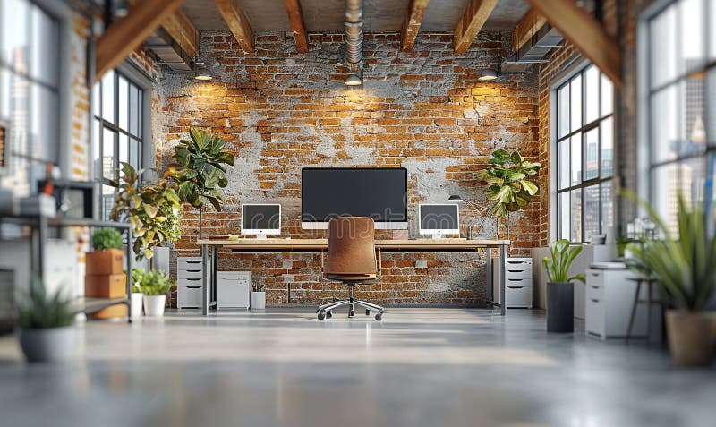 Modern Office Space with Brick Wall and Multiple Computers Creating a ...
