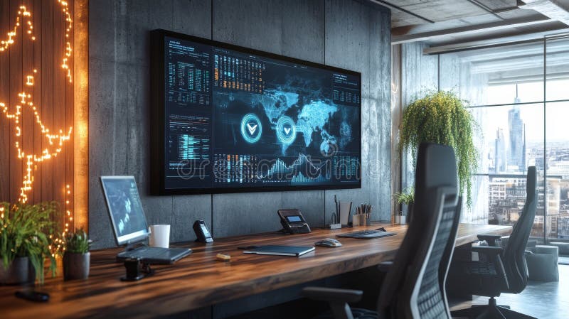 Modern Stylish Office Space with Large Digital Display Features Stock ...