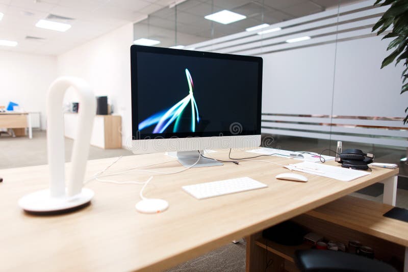Office. Workplace with Computer on White Table Stock Photo - Image of ...