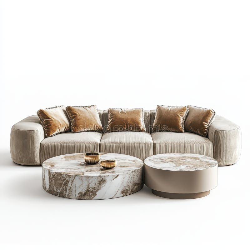 A Modern, Stylish Sectional Sofa with Decorative Pillows and Two Round ...