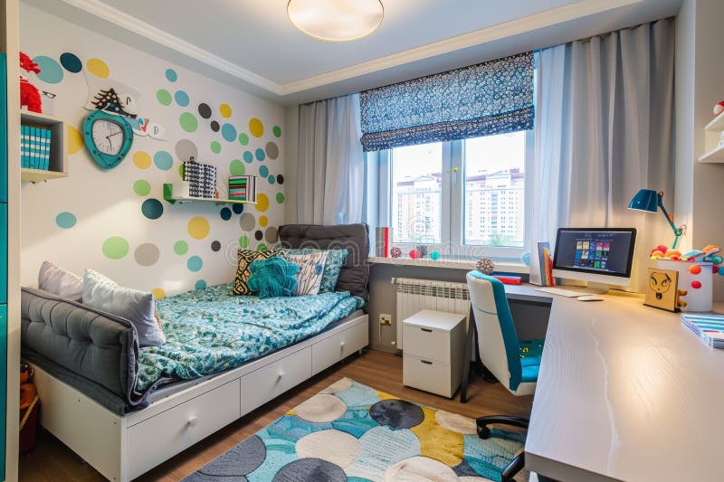 Modern Stylish Teens Room Interior with Cozy Bed and Functional ...