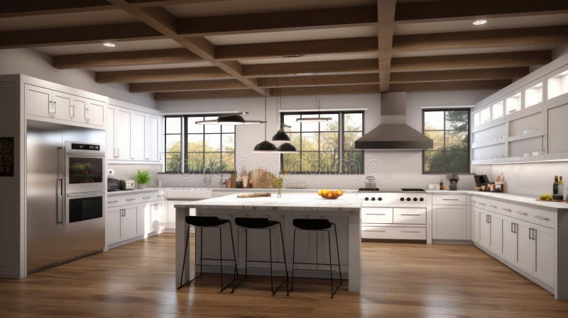 Modern Stylish White Kitchen in a Spacious Wooden House with Large ...
