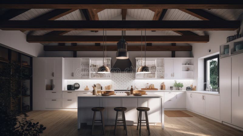 Modern Stylish White Kitchen in a Spacious Wooden House with Large ...