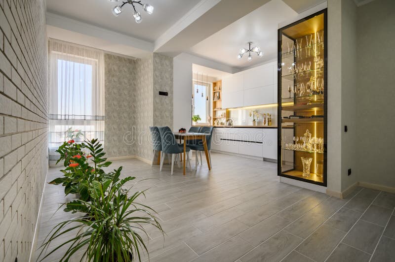 Modern and Stylish White Kitchen in Studio Apartment Stock Photo ...