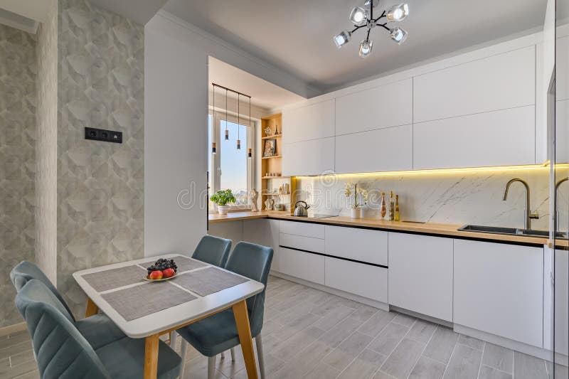 Modern and Stylish White Kitchen in Studio Apartment Stock Image ...