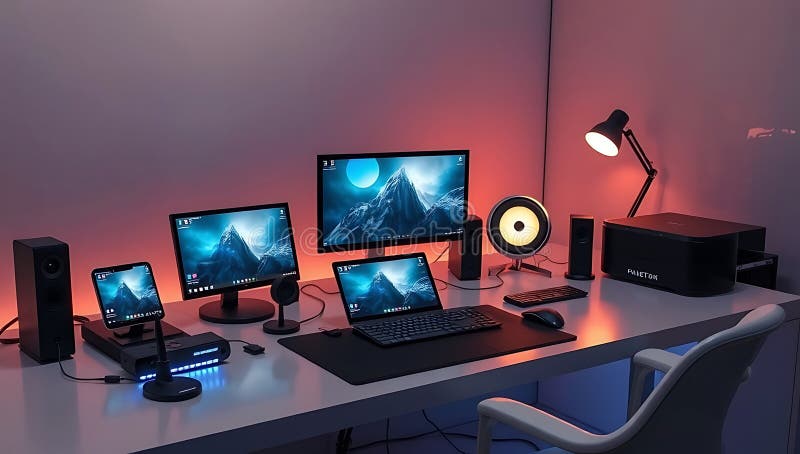 Modern Tech Setup with Multiple Screens and Accessories Stock ...