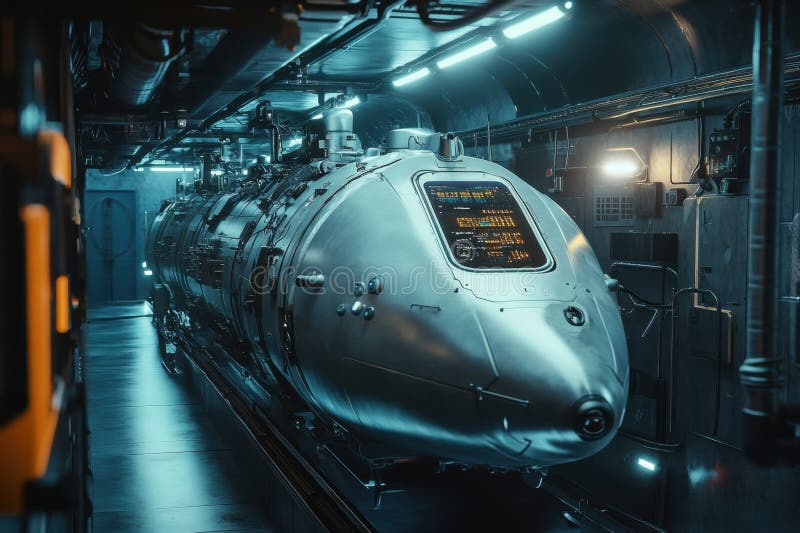 Modern Submarine Docked in a High-tech Underwater Facility during ...