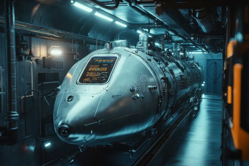 Modern Submarine Docked in a High-tech Underwater Facility during ...