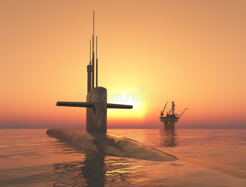 Modern Submarine and Offshore Platform in the Open Sea at Sunset Stock ...