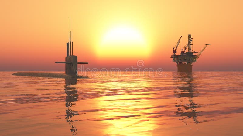 Modern Submarine and Offshore Platform in the Open Sea at Sunset Stock ...