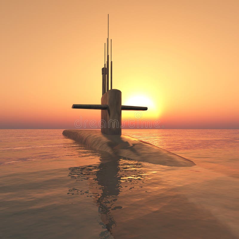 Modern Submarine in the Open Sea at Sunset Stock Illustration ...