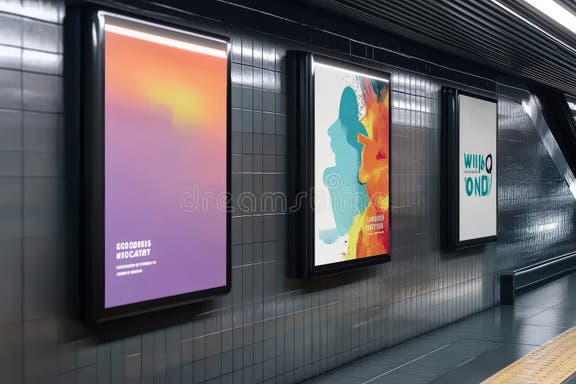 Modern Subway Advertisement Display Featuring Colorful Posters Stock ...