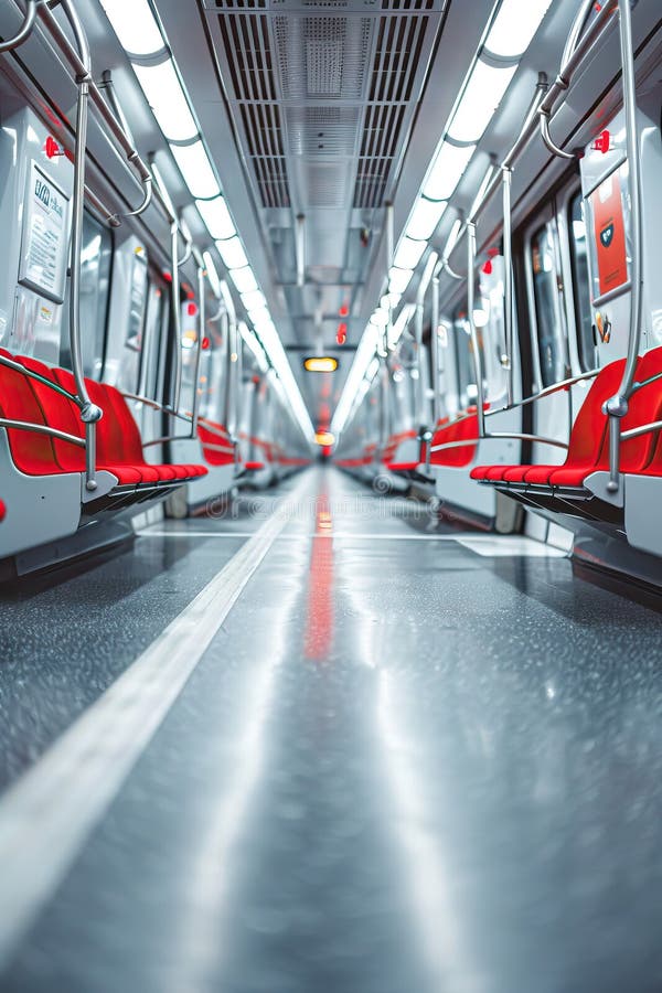 Modern Subway Car with Bright Lights and Red Seats Reflecting on the ...