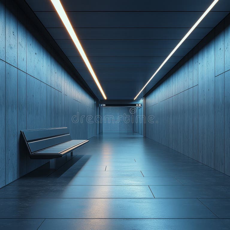 Modern Subway Corridor with Blue Lighting and Bench. Stock Photo ...