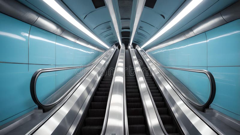 Modern Subway Escalator Ascending in Light Blue Tunnel Stock ...