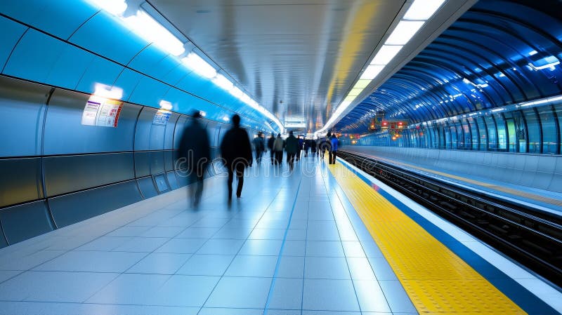 Modern Subway Platform with Blurred Motion of People Walking, Capturing ...