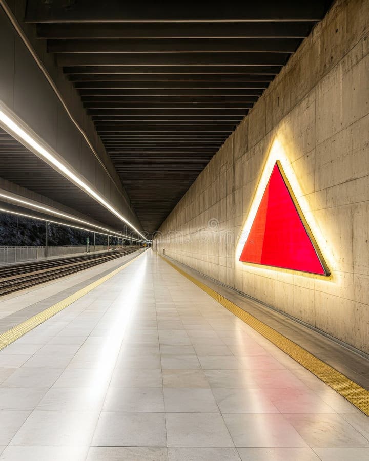 Modern Subway Platform with Bright Red Triangular Signage Illuminated ...