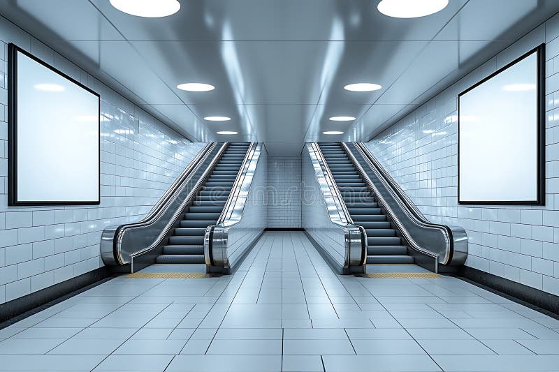 Modern Subway Station with Escalators and Blank Advertisement Spaces ...
