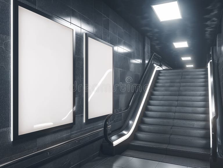 Modern Subway Station Interior with Blank Ad Frames Stock Image - Image ...