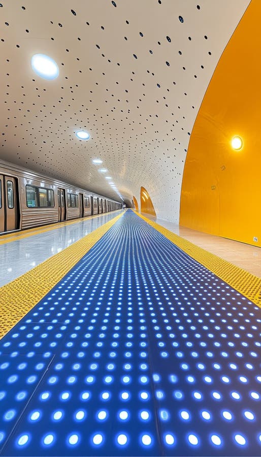 Modern Subway Station Interior with Blue Floor Pattern, Yellow Ceiling ...