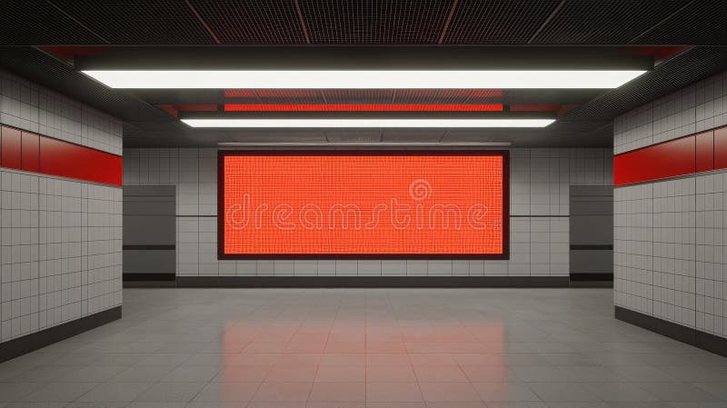 Modern Subway Station Interior with Bright Red Display and Clean Tile ...