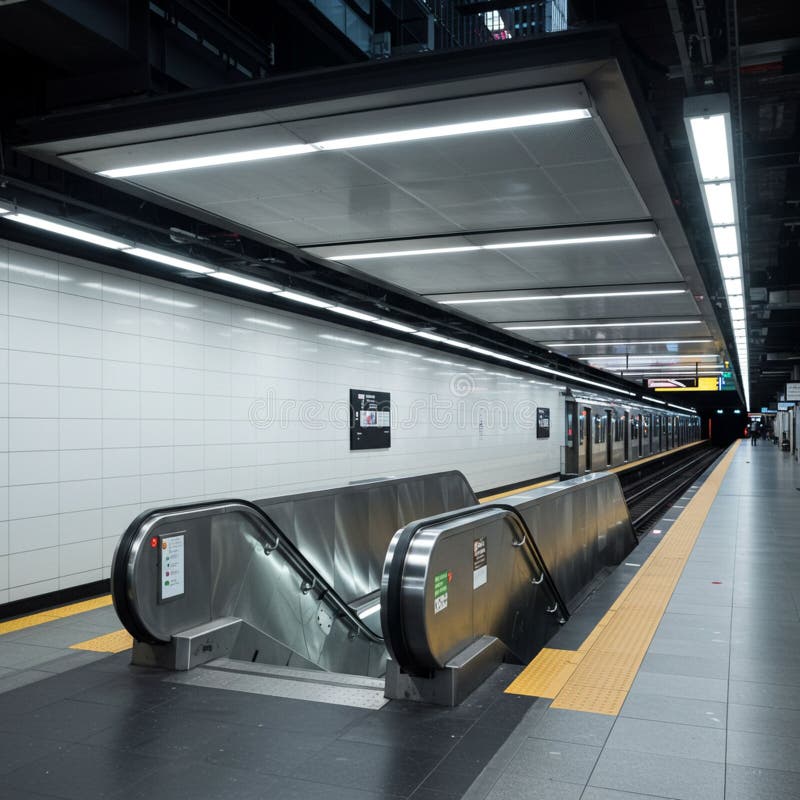Modern Subway Station with a Long, Empty Platform. Sleek Metal ...