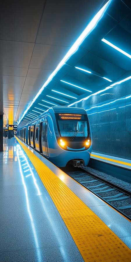 Modern Subway Station Platform with Illuminated Train, Yellow Safety ...