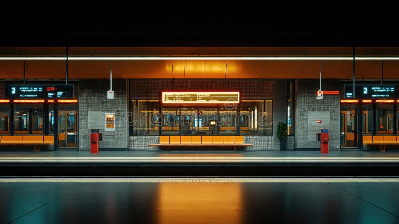 Modern Subway Station Platform at Night with Illuminated Signage Stock ...
