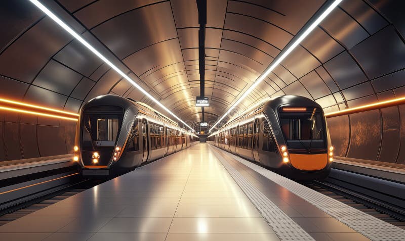 Modern Subway Station with Sleek Trains and Illuminated Tunnel Design ...