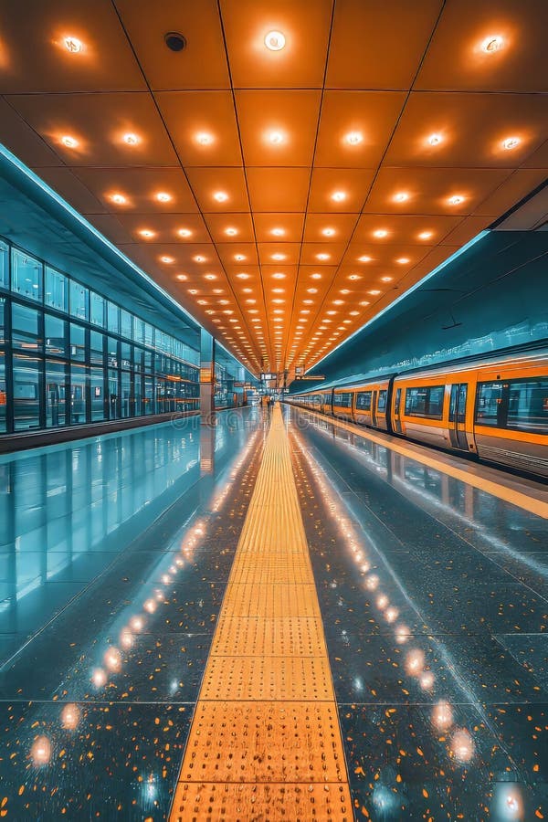 Modern Subway Station with Train at Platform, Bright Ceiling Lights ...