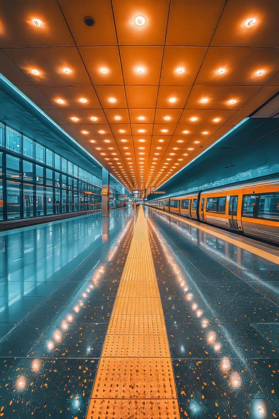 Modern Subway Station with Train at Platform, Bright Ceiling Lights ...