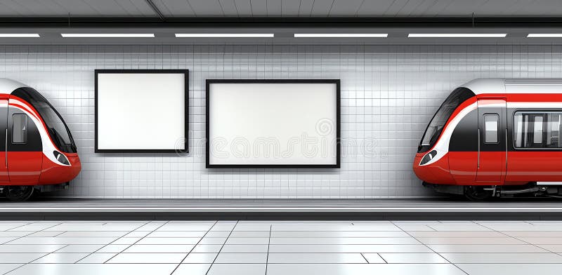 Modern Subway Station with Two Red Trains and Blank Billboards Mockup ...