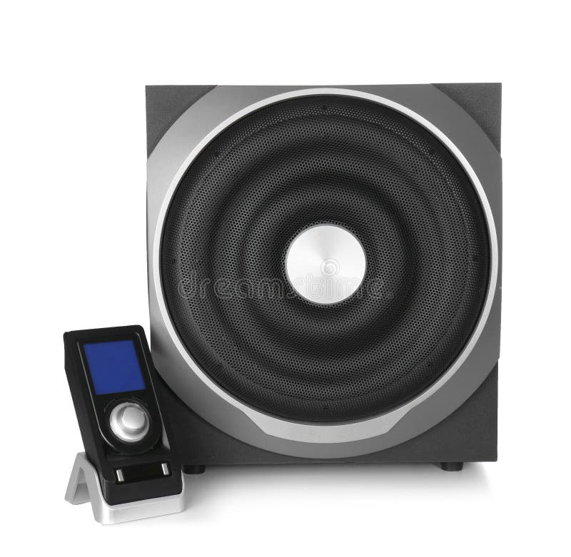 Modern Subwoofer with Remote on White Background. Powerful Audio ...