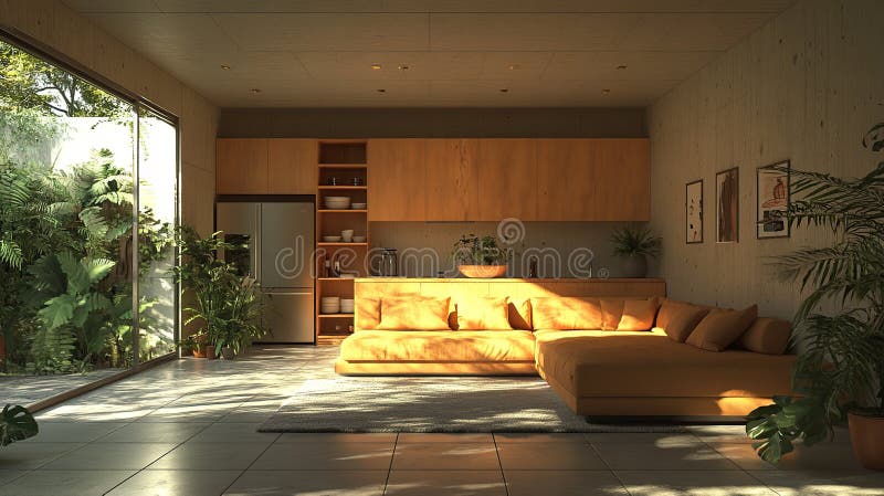Modern, Sun-drenched Kitchen Living Area with Lush Greenery Stock ...