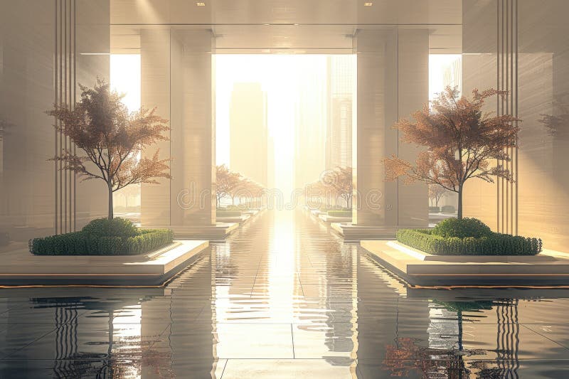 Serene Modern Courtyard with Reflecting Pool and Cityscape View Stock ...