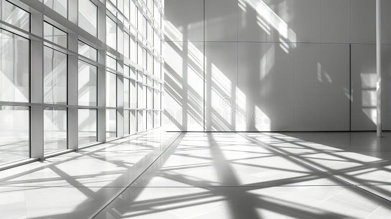 Modern Sunlit Atrium with Geometric Shadows on White Walls and Floor ...