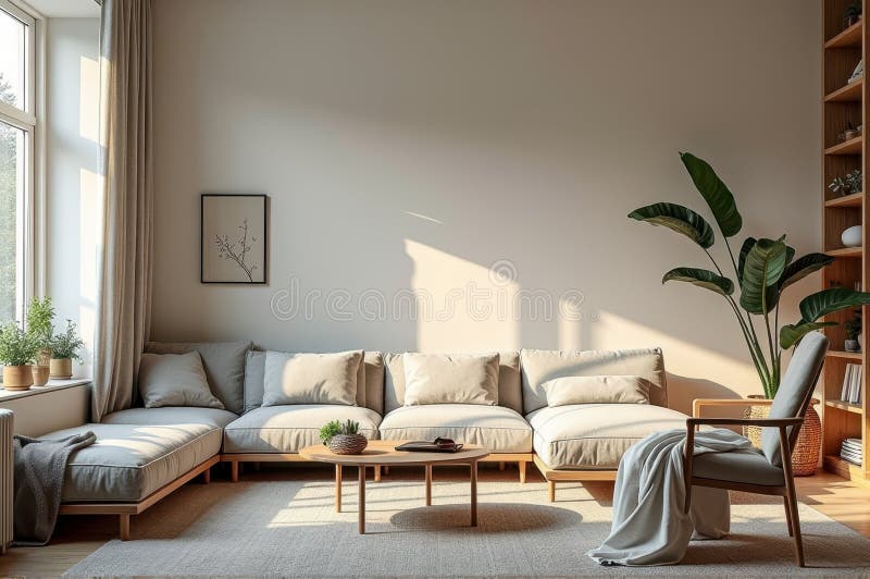 Modern Sunlit Living Room with Neutral Tones and Indoor Plants Stock ...